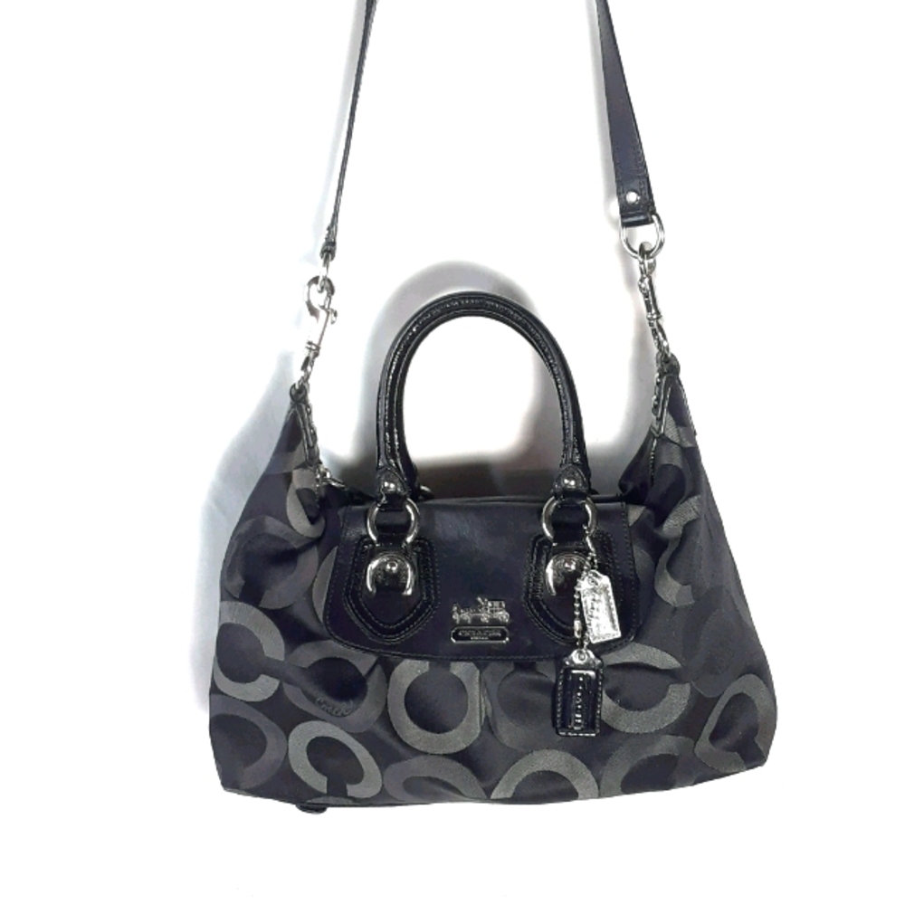 Coach Madison Sabrina Black Silver Op Art Logo Bag - Gem
